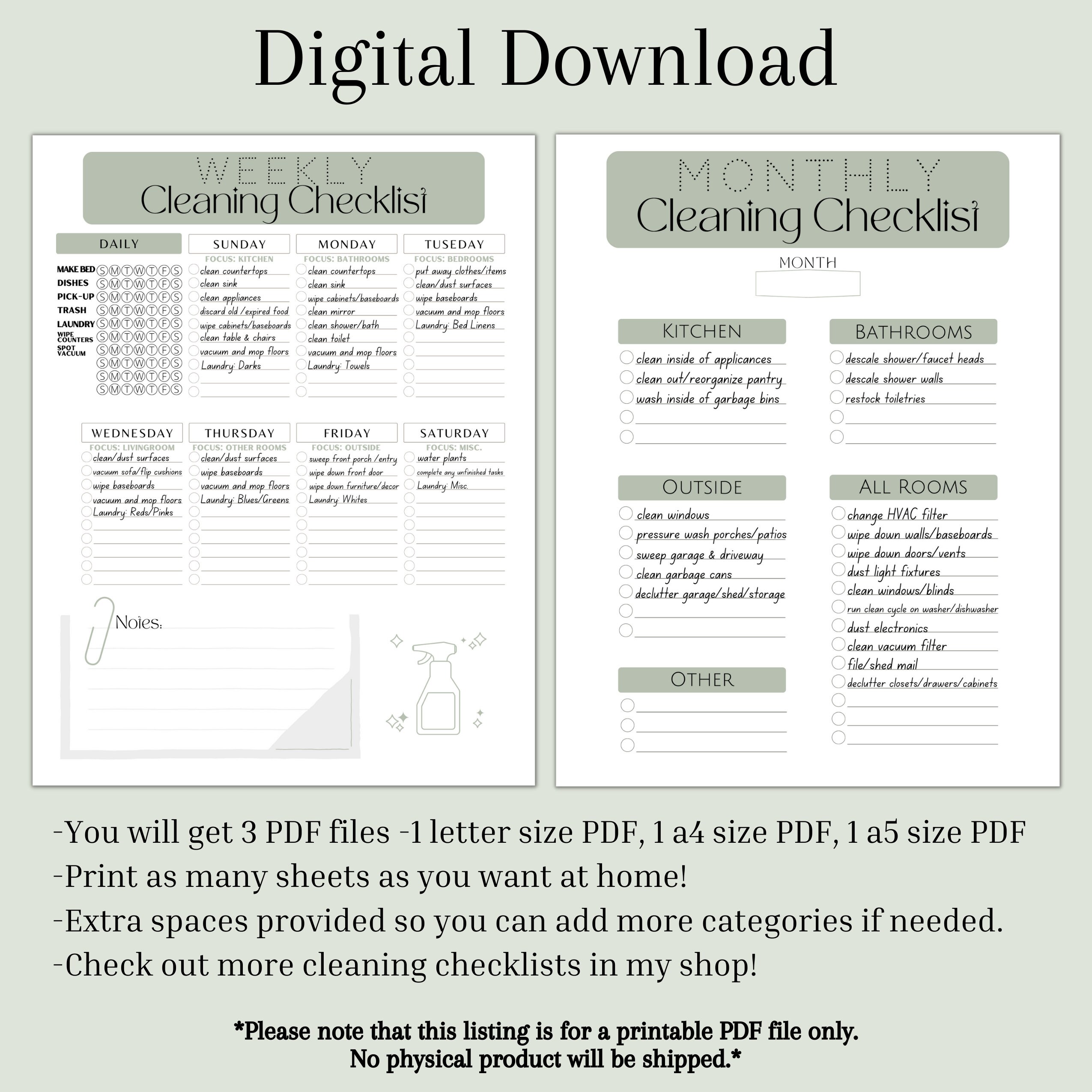 Printable Cleaning Checklist Bundle | Monthly & Weekly Cleaning ...