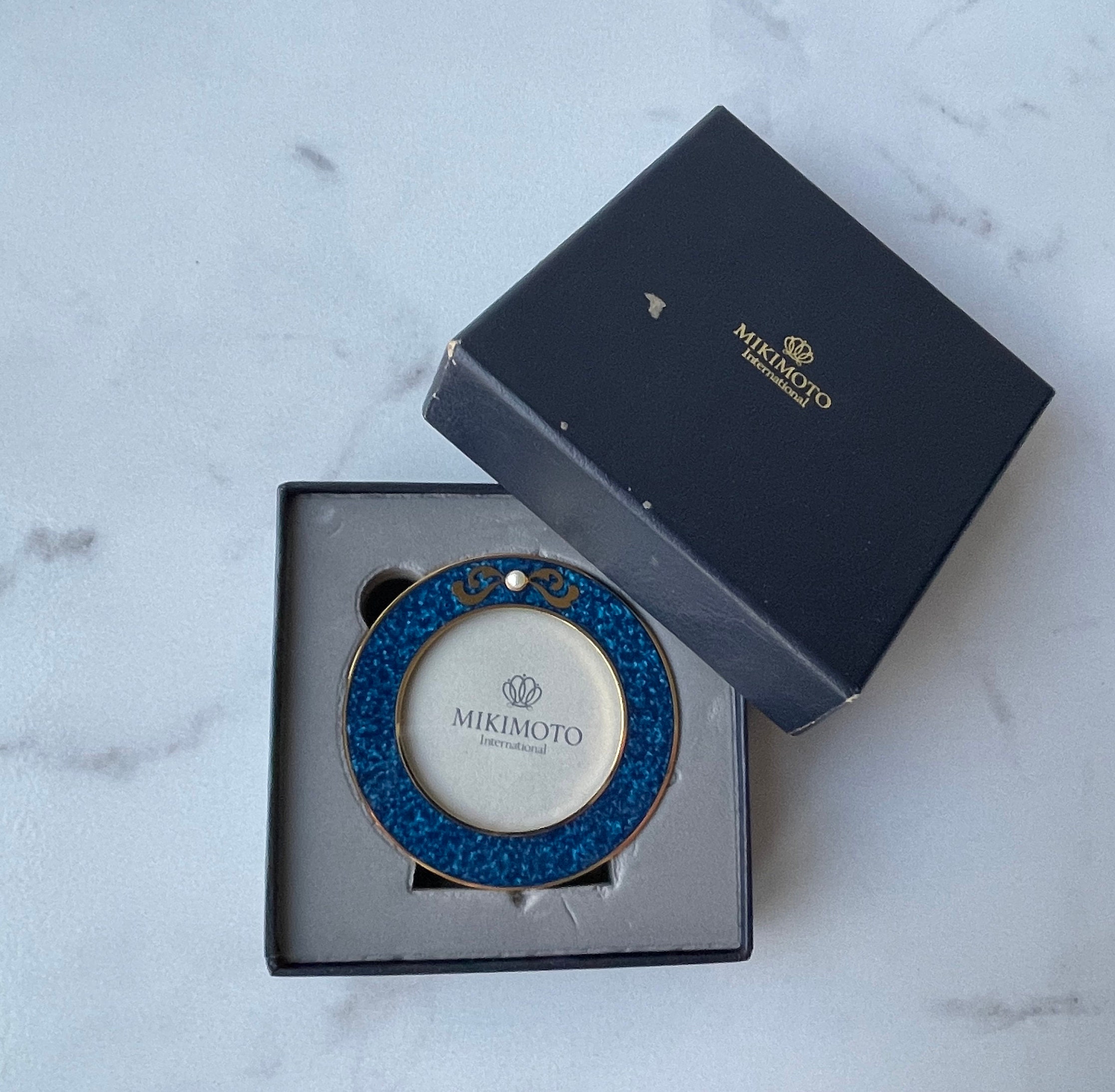 Vintage MIKIMOTO International Round Enamel Picture Frame With Pearl ...