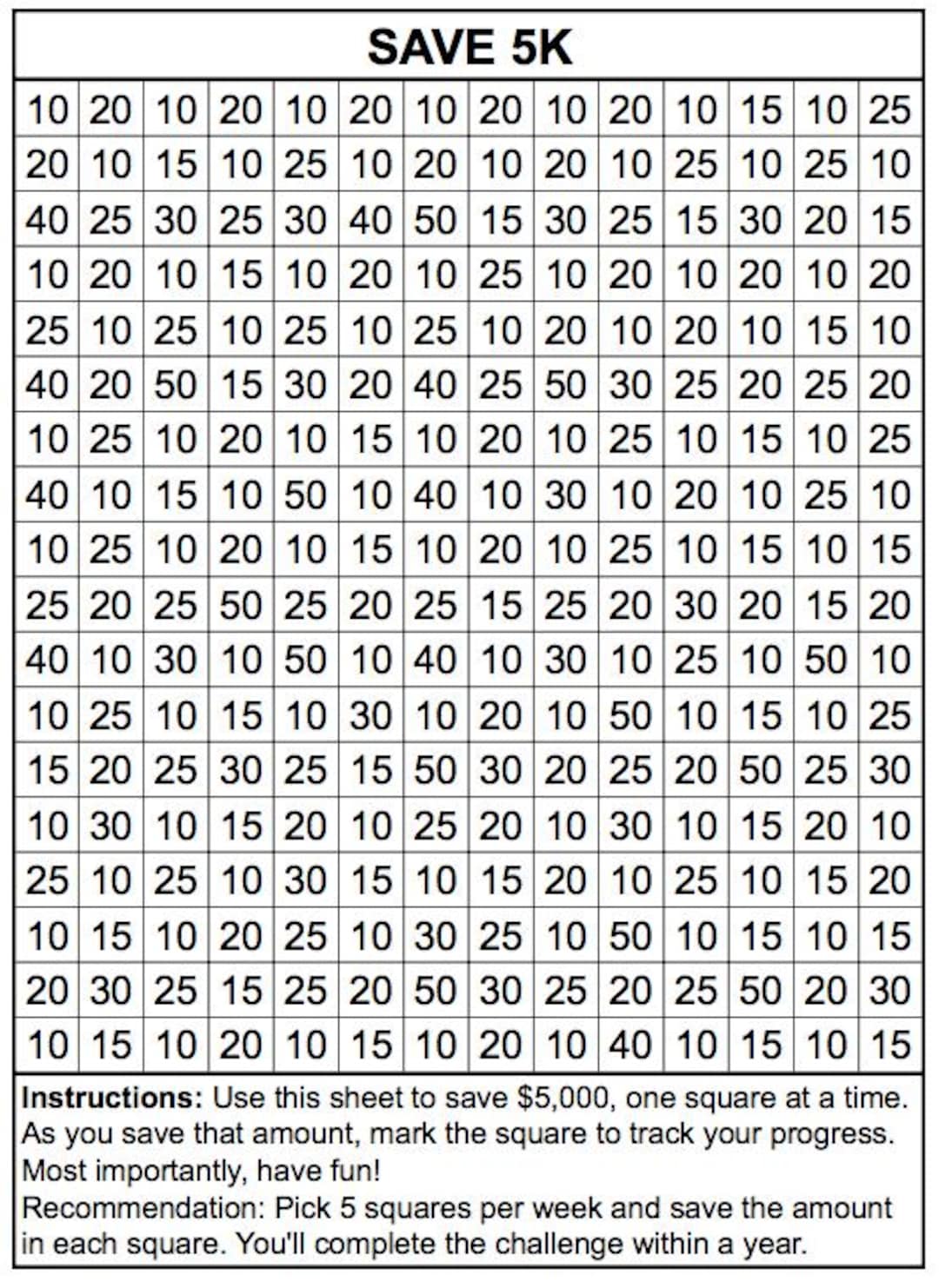 Save 5K - Savings Challenge Worksheet - Etsy
