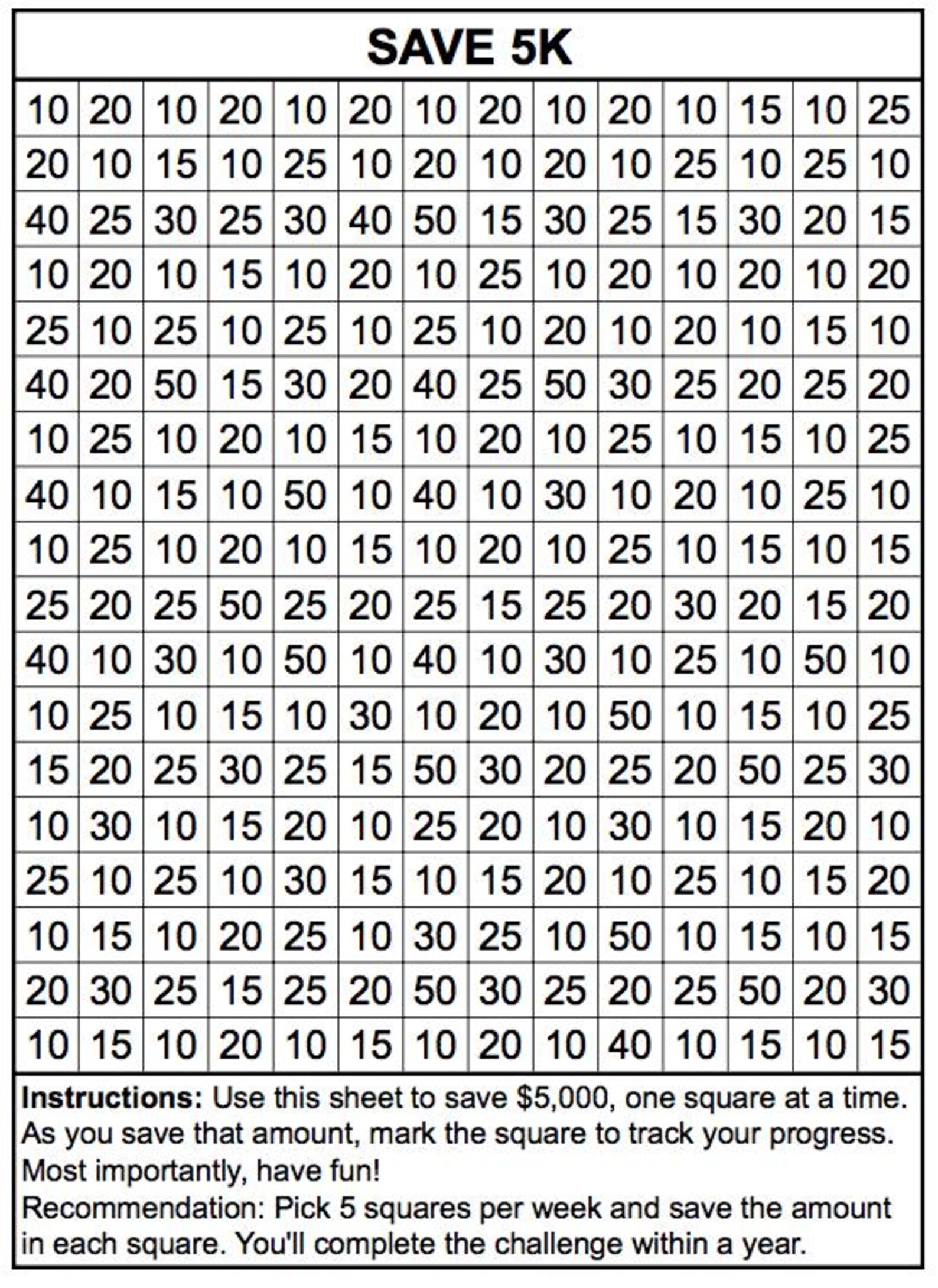 Save 5K - Savings Challenge Worksheet - Etsy