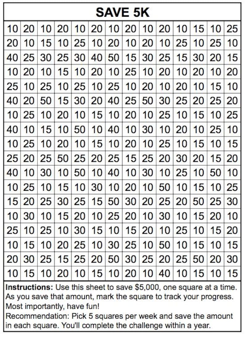 Save 5K - Savings Challenge Worksheet - Etsy