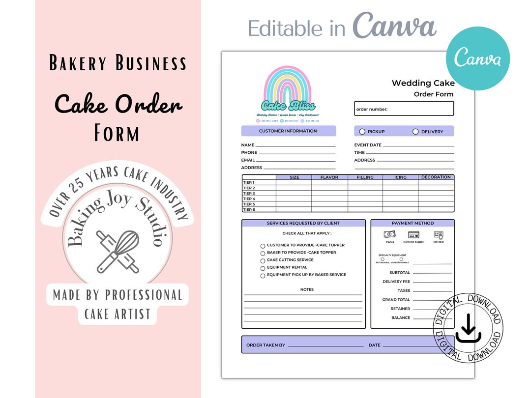 Editable Wedding Cake Form, Cake Order Template, Bakery Business ...