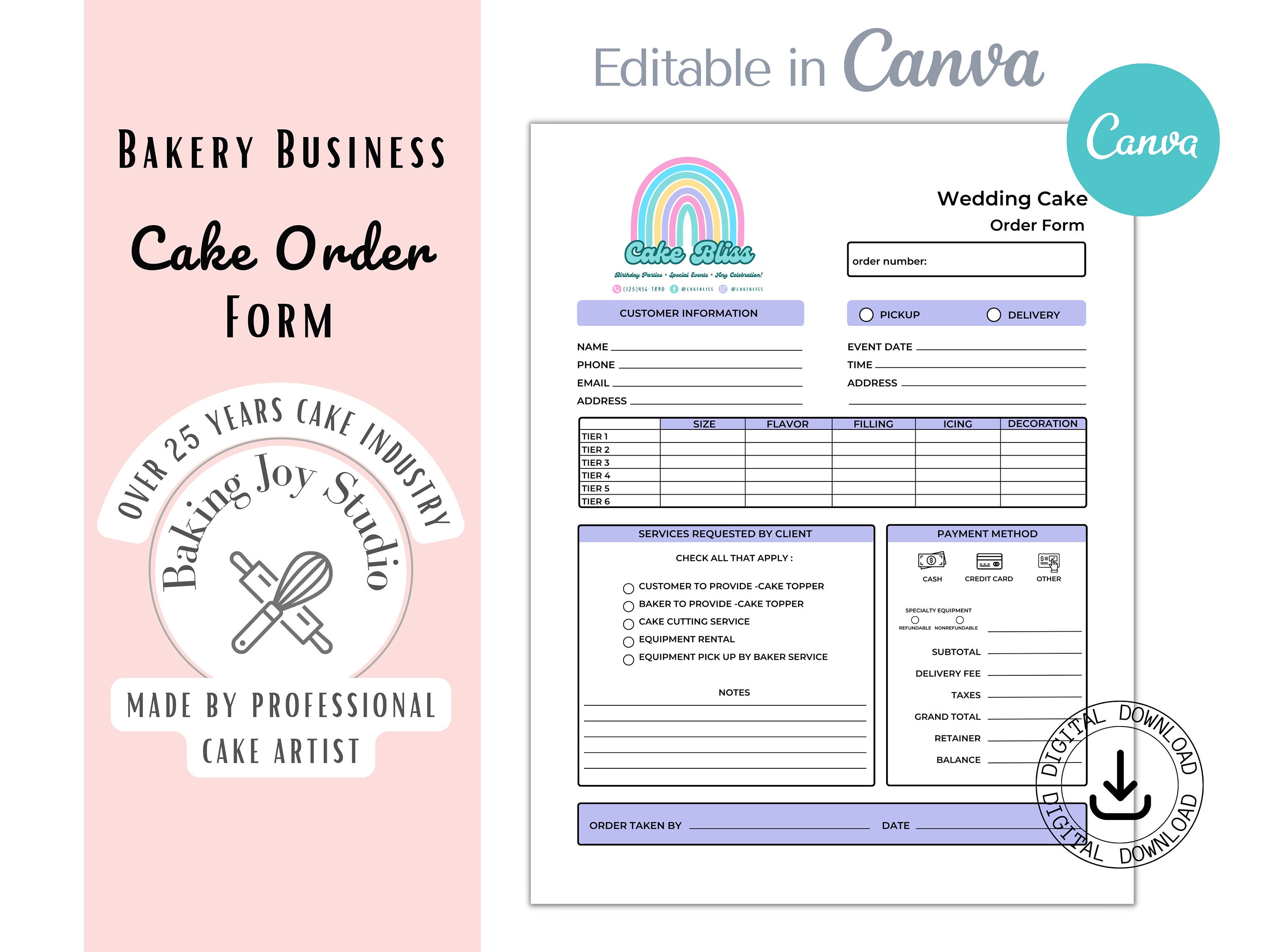 Editable Wedding Cake Form, Cake Order Template, Bakery Business ...