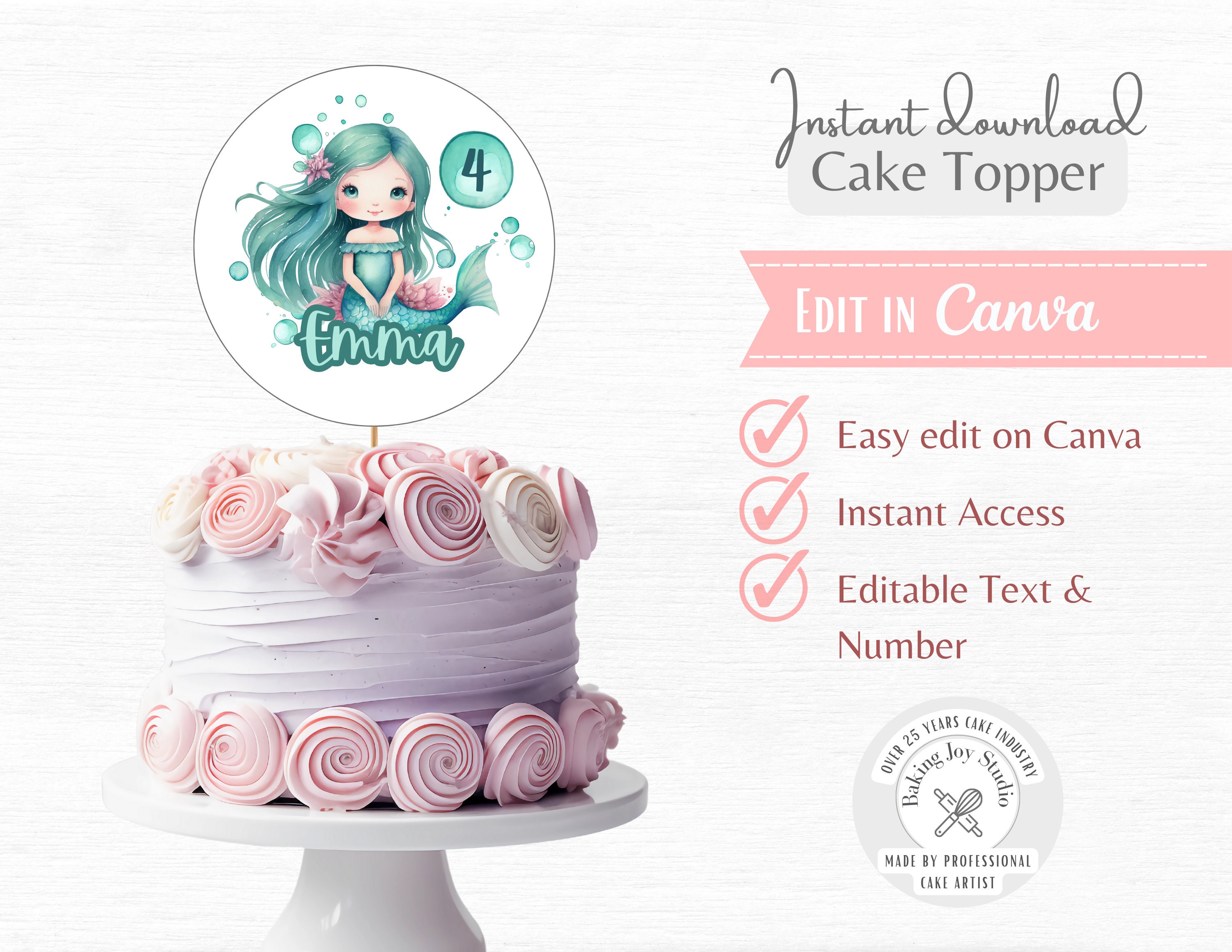 Mermaid Cake Topper Under the Sea Theme Cake Topper Editable on Canva ...