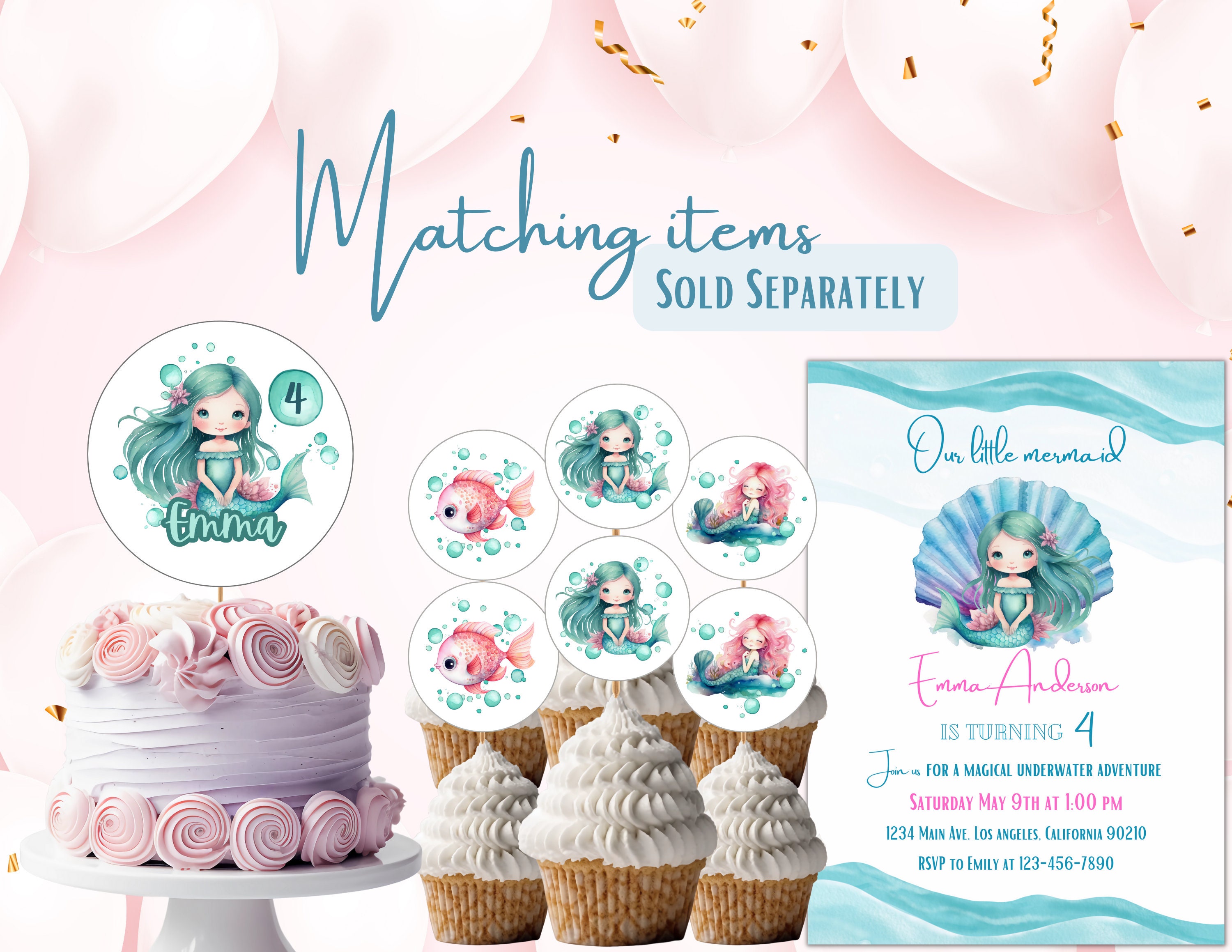 Mermaid Cake Topper Under the Sea Theme Cake Topper Editable on Canva ...