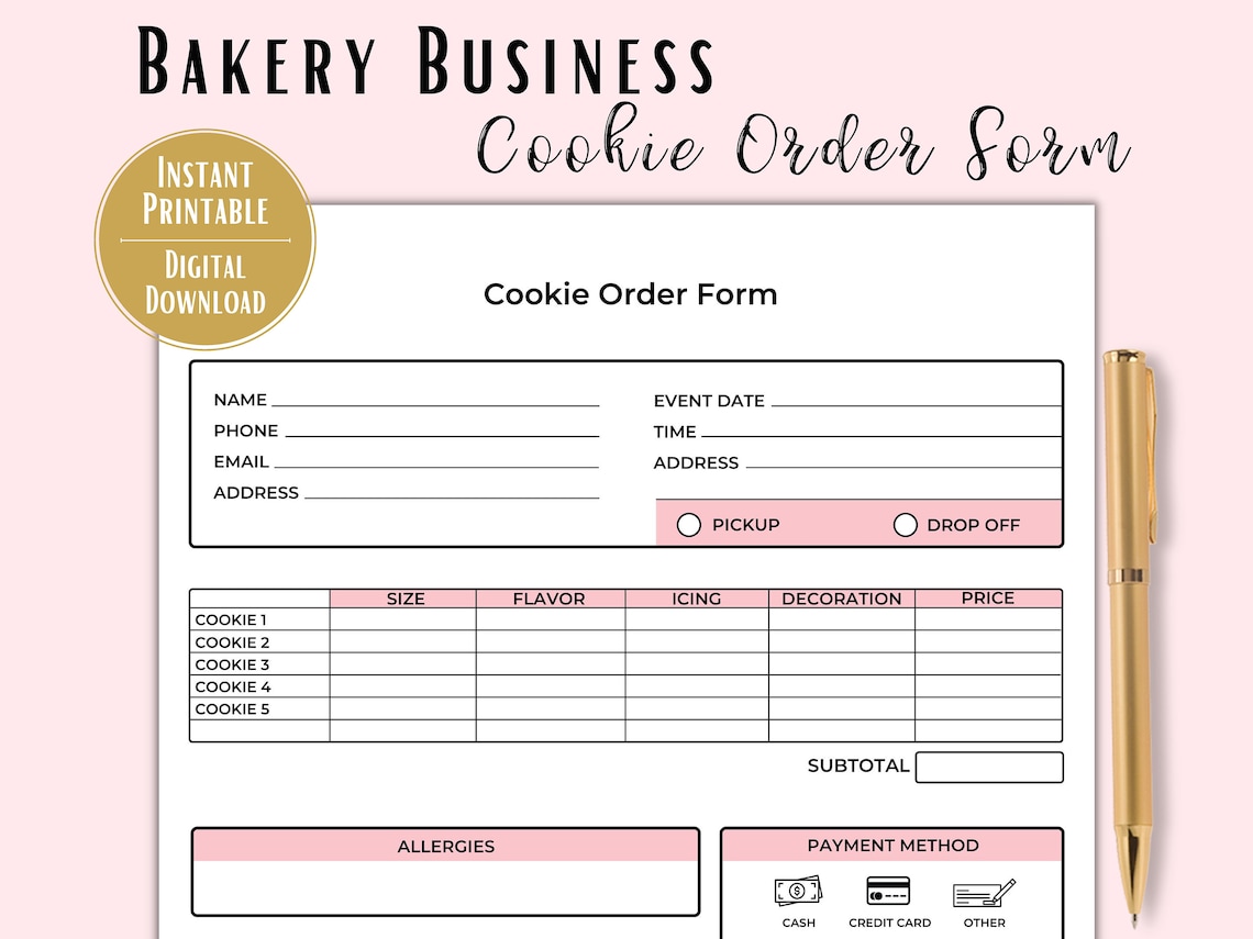 Cookie Order Form, Bakery PDF Printable, Cottage Bakery, Cake Decorator ...