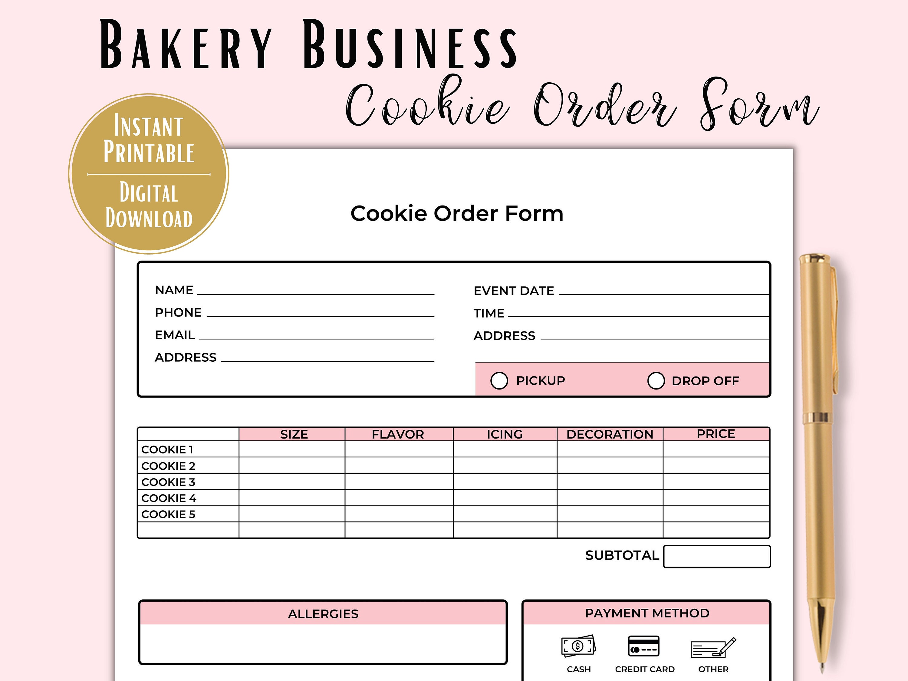 Cookie Order Form, Bakery PDF Printable, Cottage Bakery, Cake Decorator ...