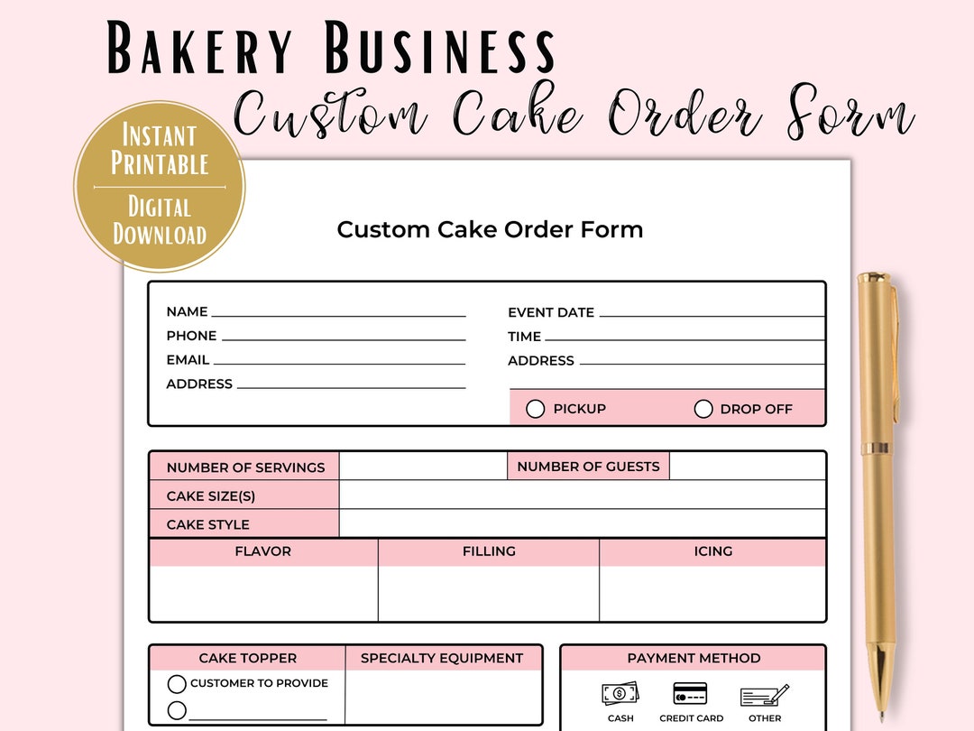Cake Order Form, Bakery PDF Printable, Cottage Bakery, Cake Decorator ...