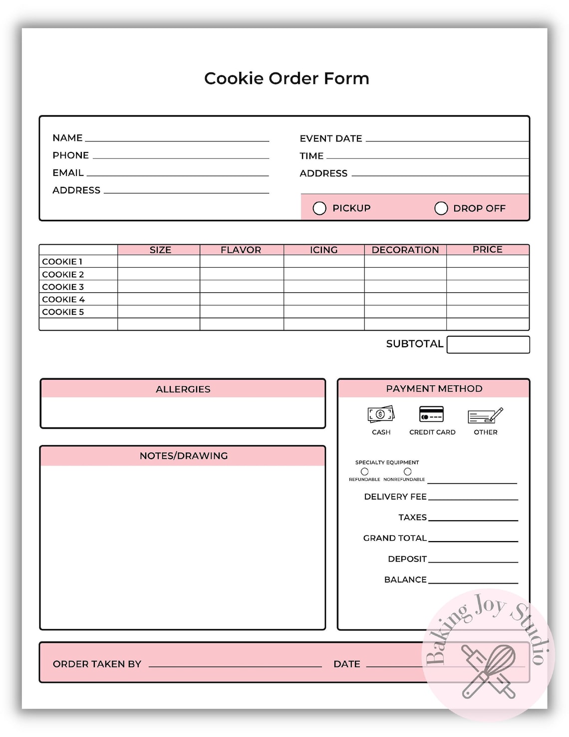 Cookie Order Form, Bakery PDF Printable, Cottage Bakery, Cake Decorator ...