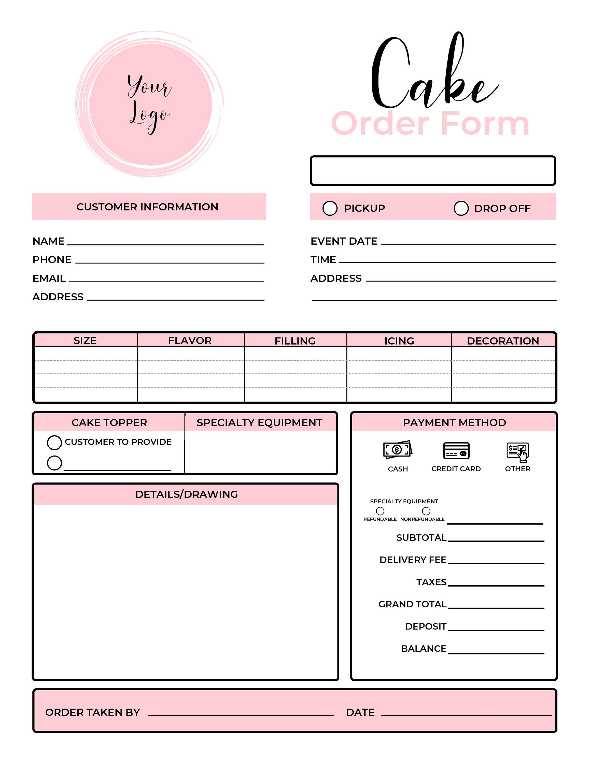 Cake Order Form, Bakery PDF Printable, Cake Business Form, Editable ...