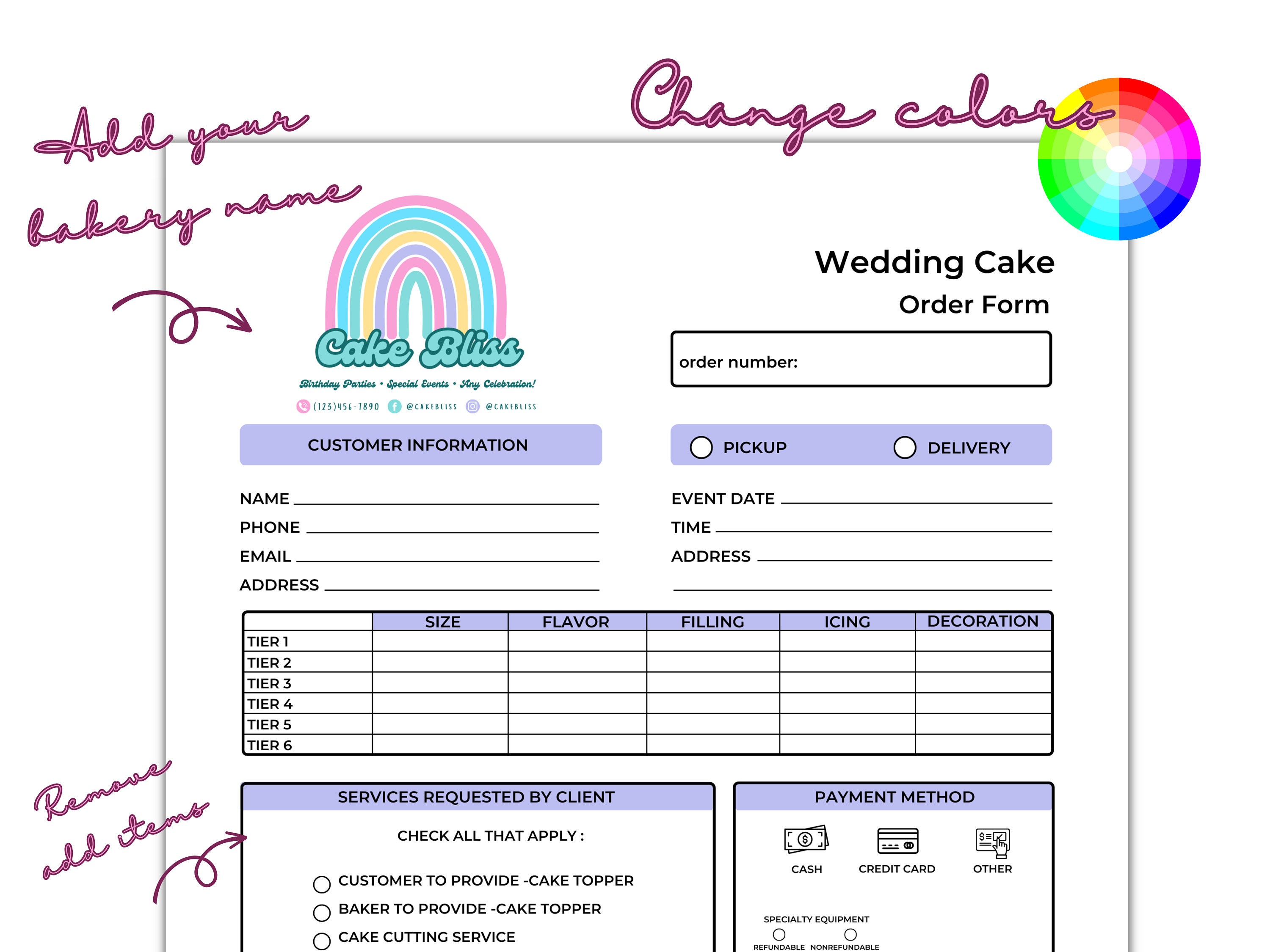 Editable Wedding Cake Form, Cake Order Template, Bakery Business ...
