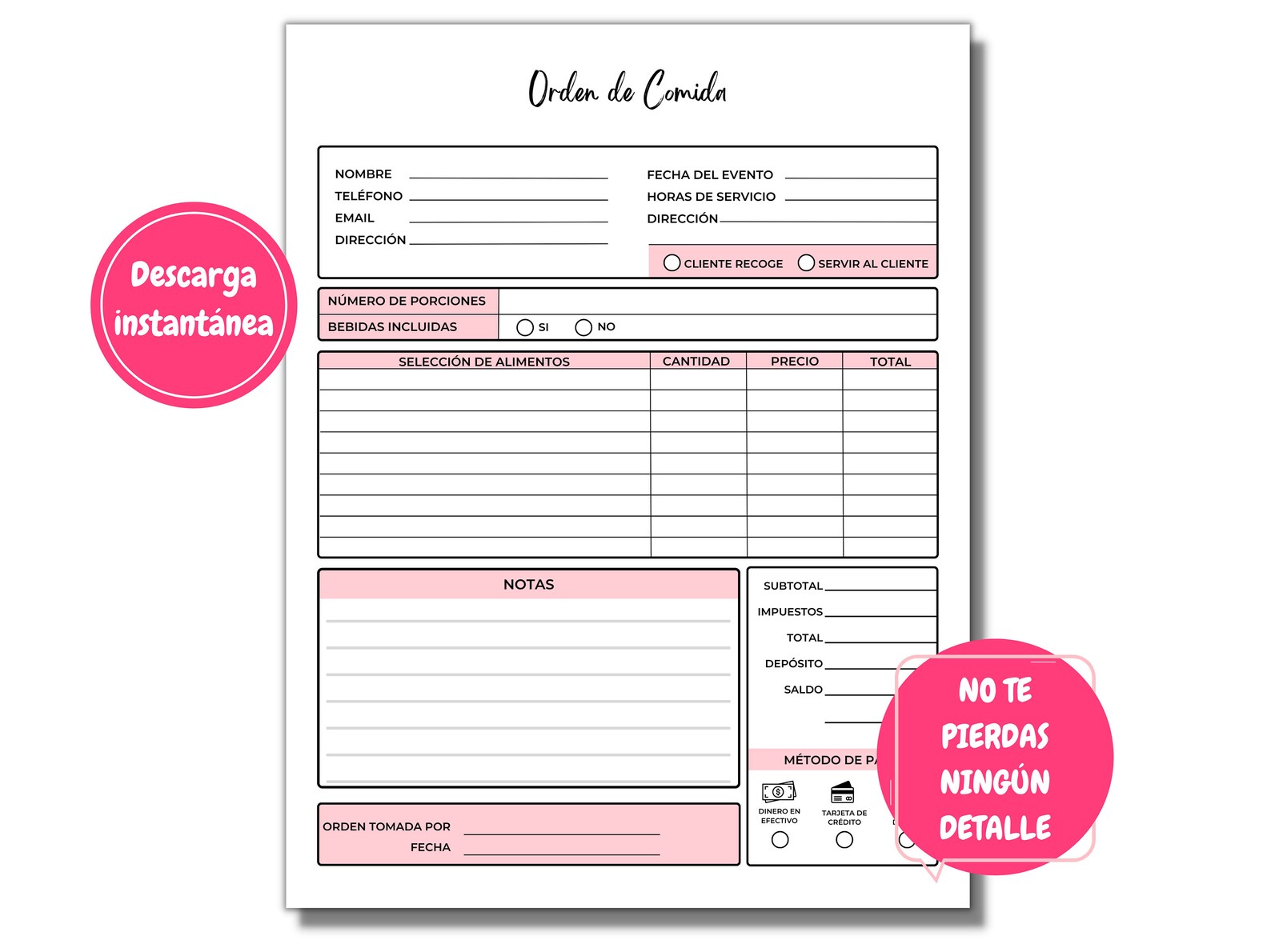 Orden De Comida, Catering Form, Catering Form Spanish, Pedido De Comida ...