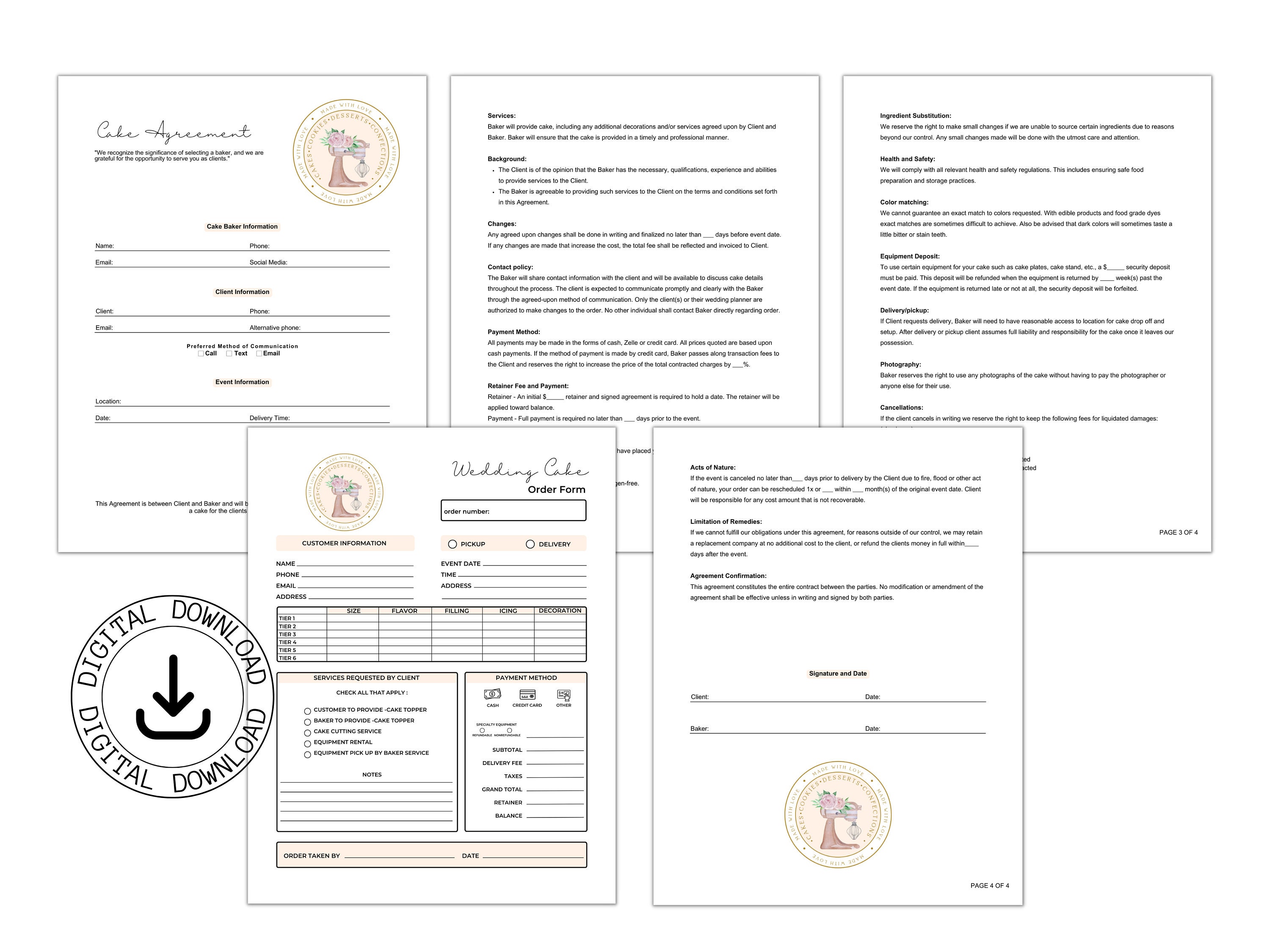 Wedding Cake Contract Printable Cake Order Form Bakery - Etsy