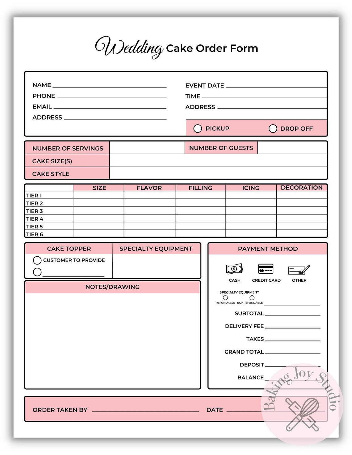 Wedding Cake Order Form, PDF Printable, Instant Download, Cottage ...