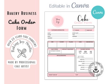 EDITABLE Cake Order Form Bakery PDF Printable, Cake Business Form ...