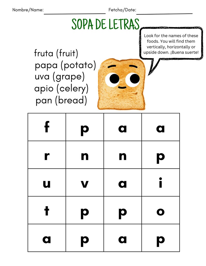 Food Word Search Sopa De Letras Printable Word Search Educational ...