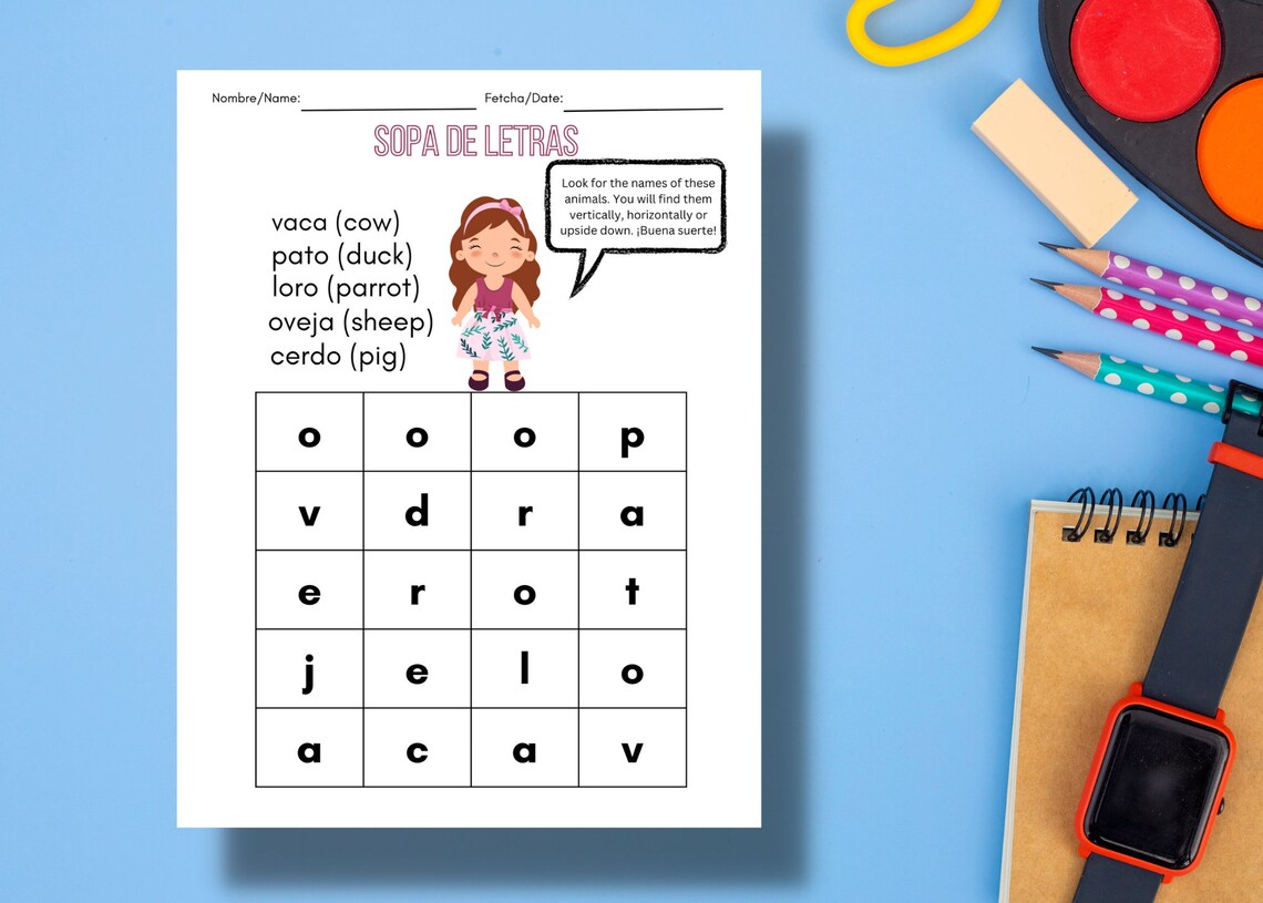 Sopa De Letras Los Animales Printable Word Search Puzzle Game Bilingual ...