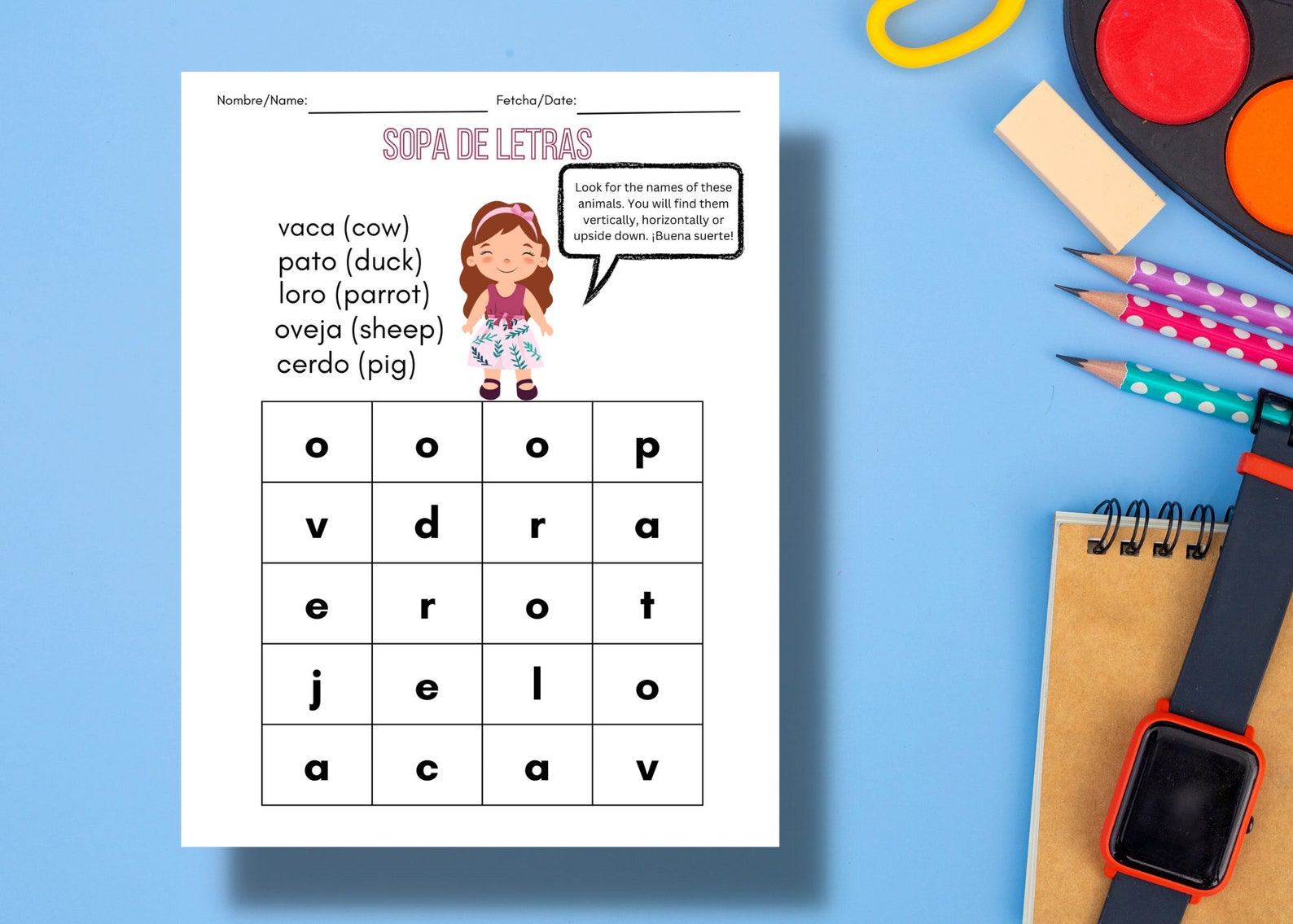 Sopa De Letras Los Animales Printable Word Search Puzzle Game Bilingual ...