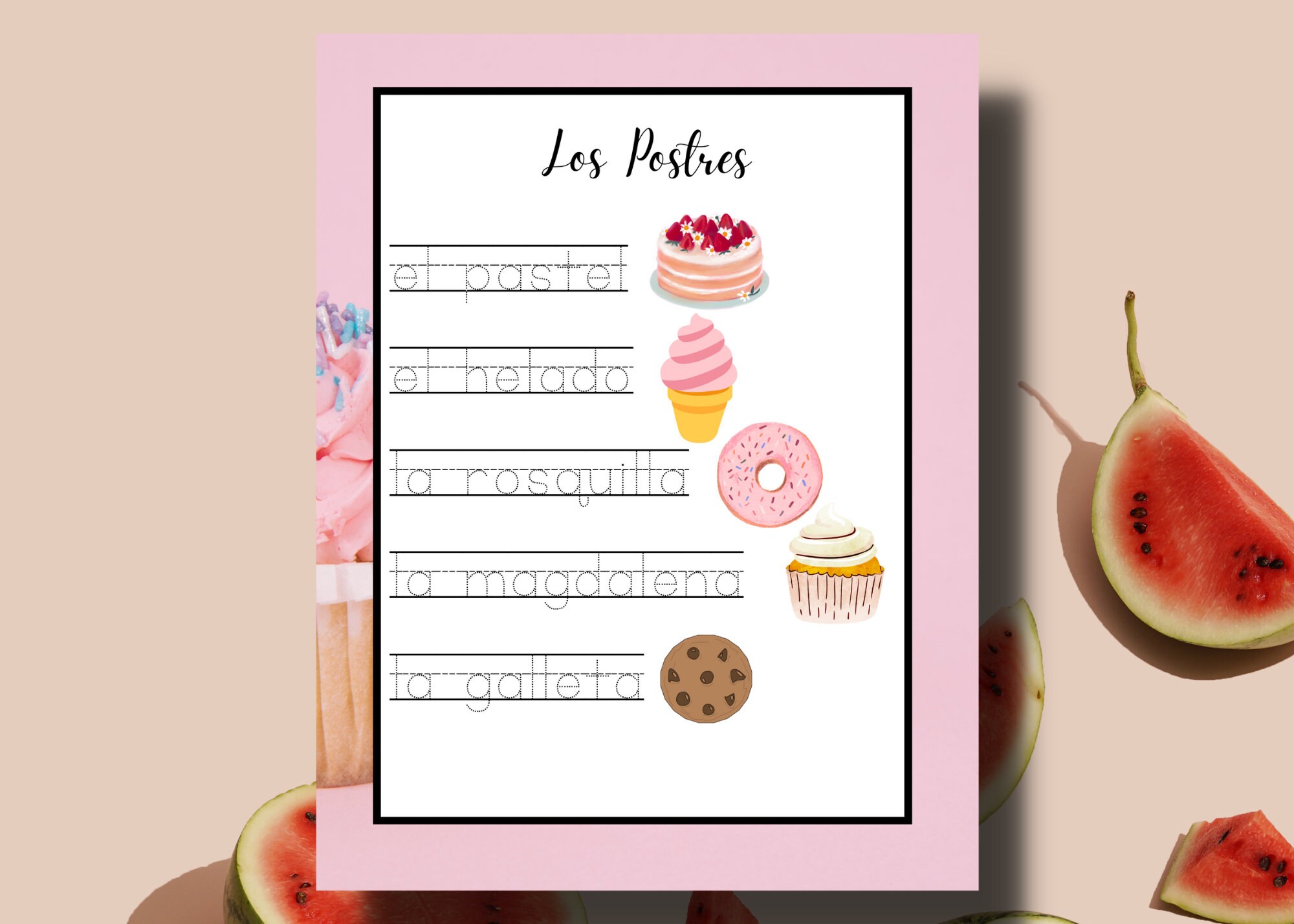Desserts in Spanish Tracing Practice Spanish Vocabulary Practice Sheet ...