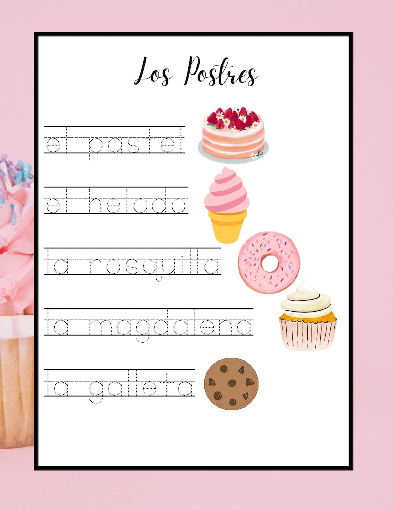 Desserts in Spanish Tracing Practice Spanish Vocabulary Practice Sheet ...