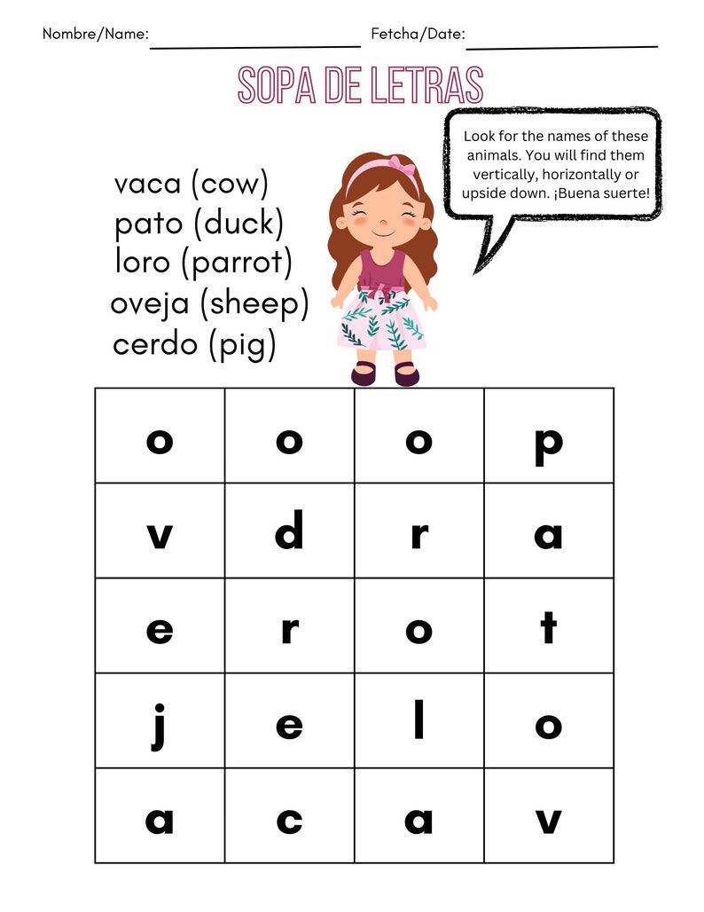 Sopa De Letras Los Animales Printable Word Search Puzzle Game Bilingual ...