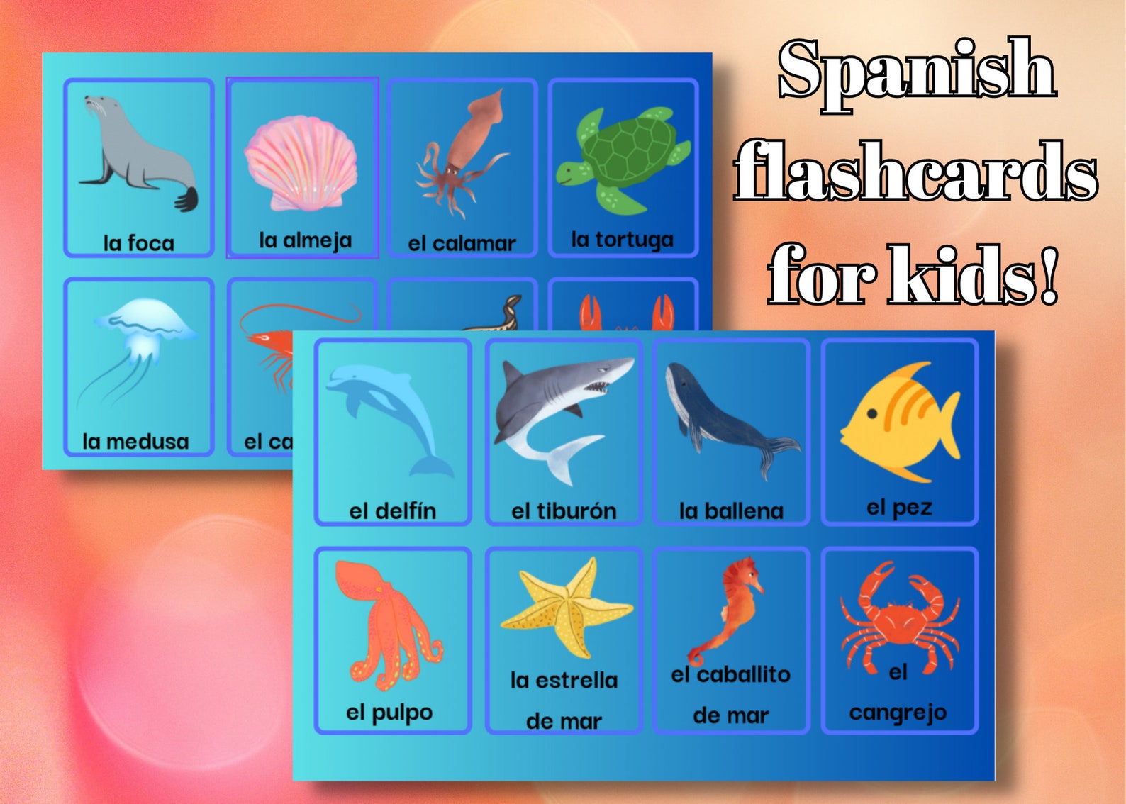 Sea Animals Spanish Flashcards Preschool Sea Creature Cards Learning ...