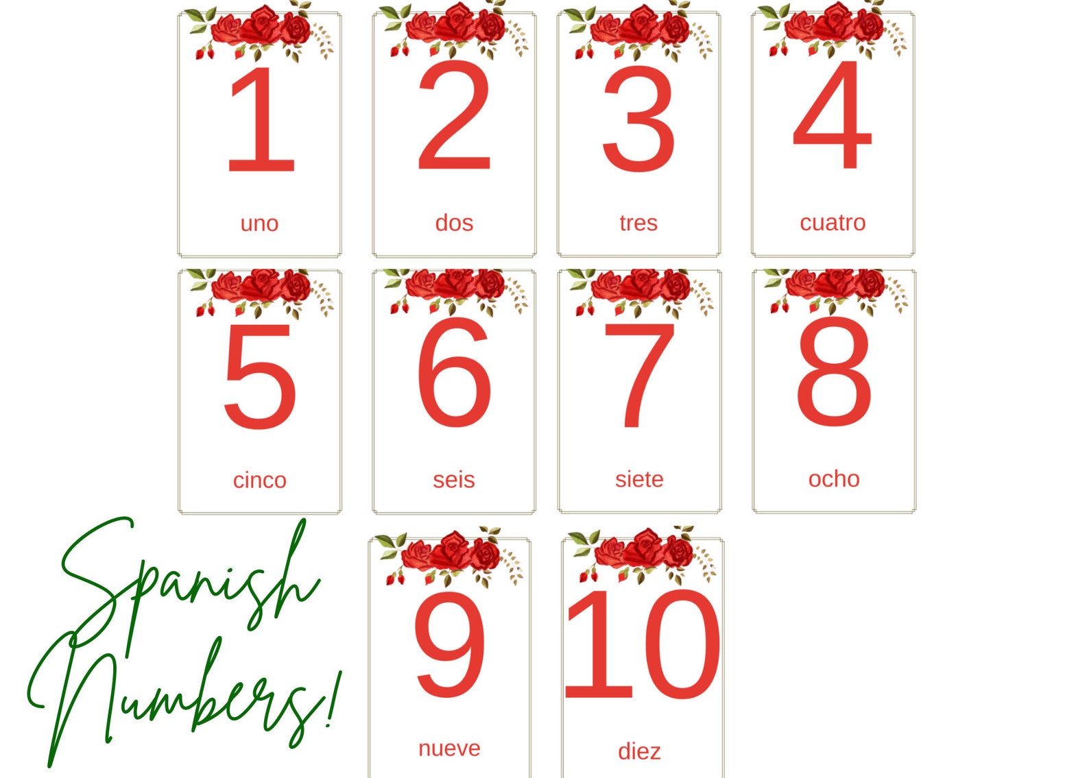 Spanish Numbers 1-10 Flashcards Rose Flashcards Count to Ten in Spanish ...