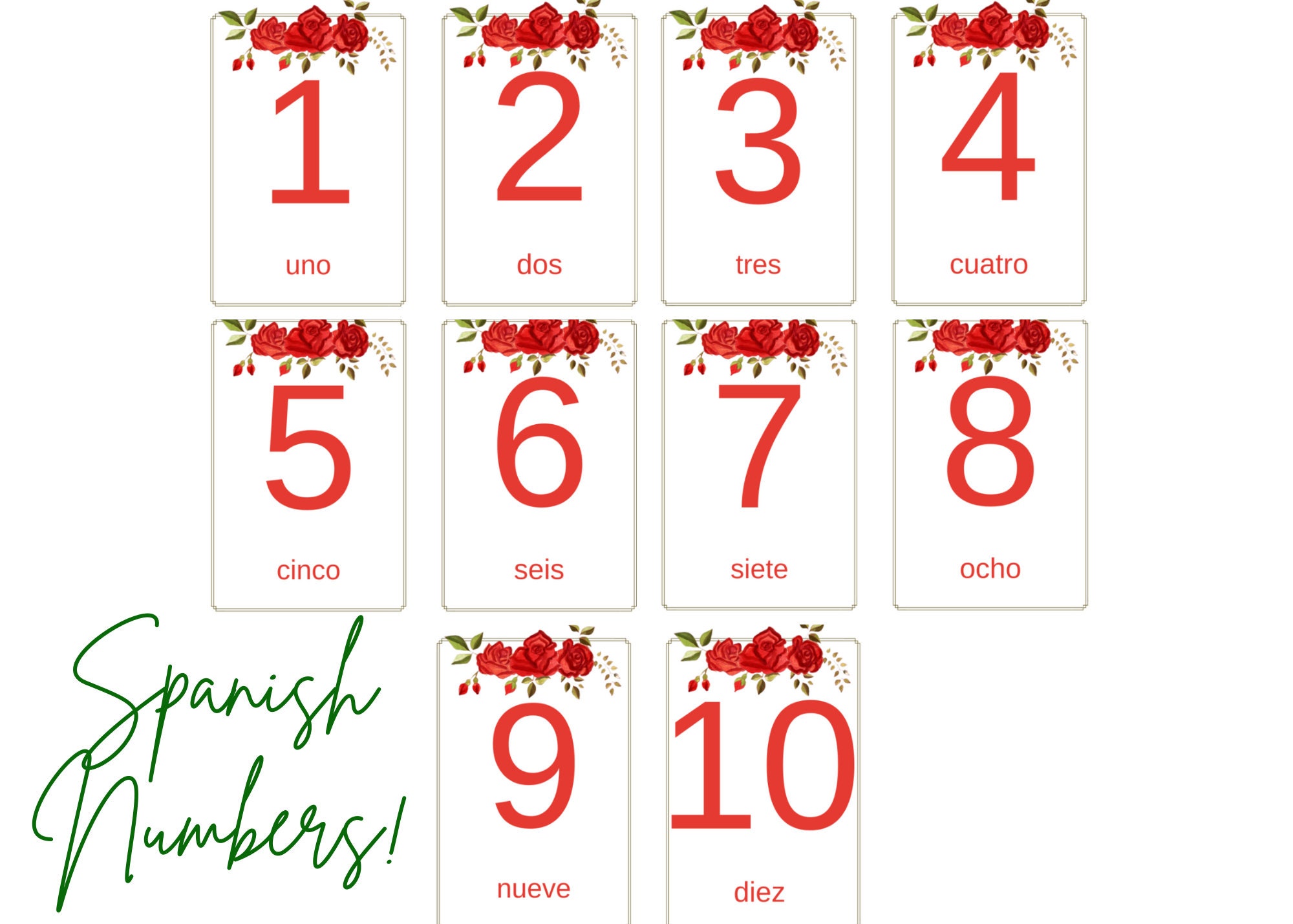 Spanish Numbers 1-10 Flashcards Rose Flashcards Count to Ten in Spanish ...