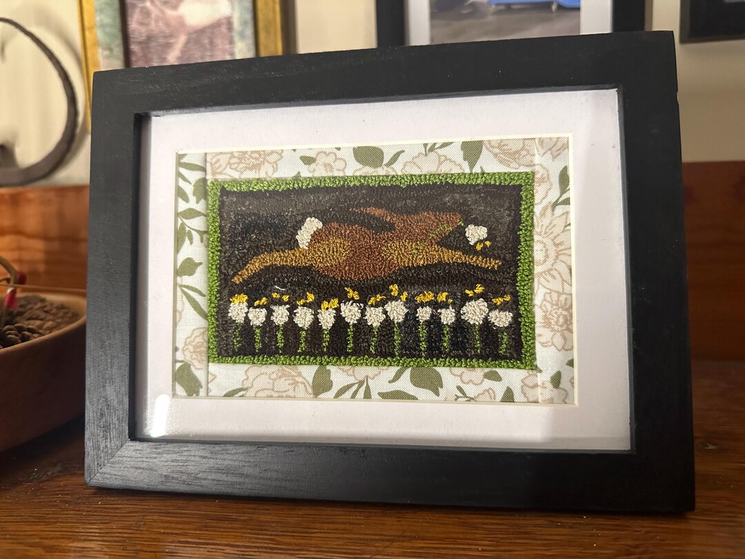 Finished Punch Needle Hare/rabbit/bunny Fleeing the Flower Patch in a 6 ...