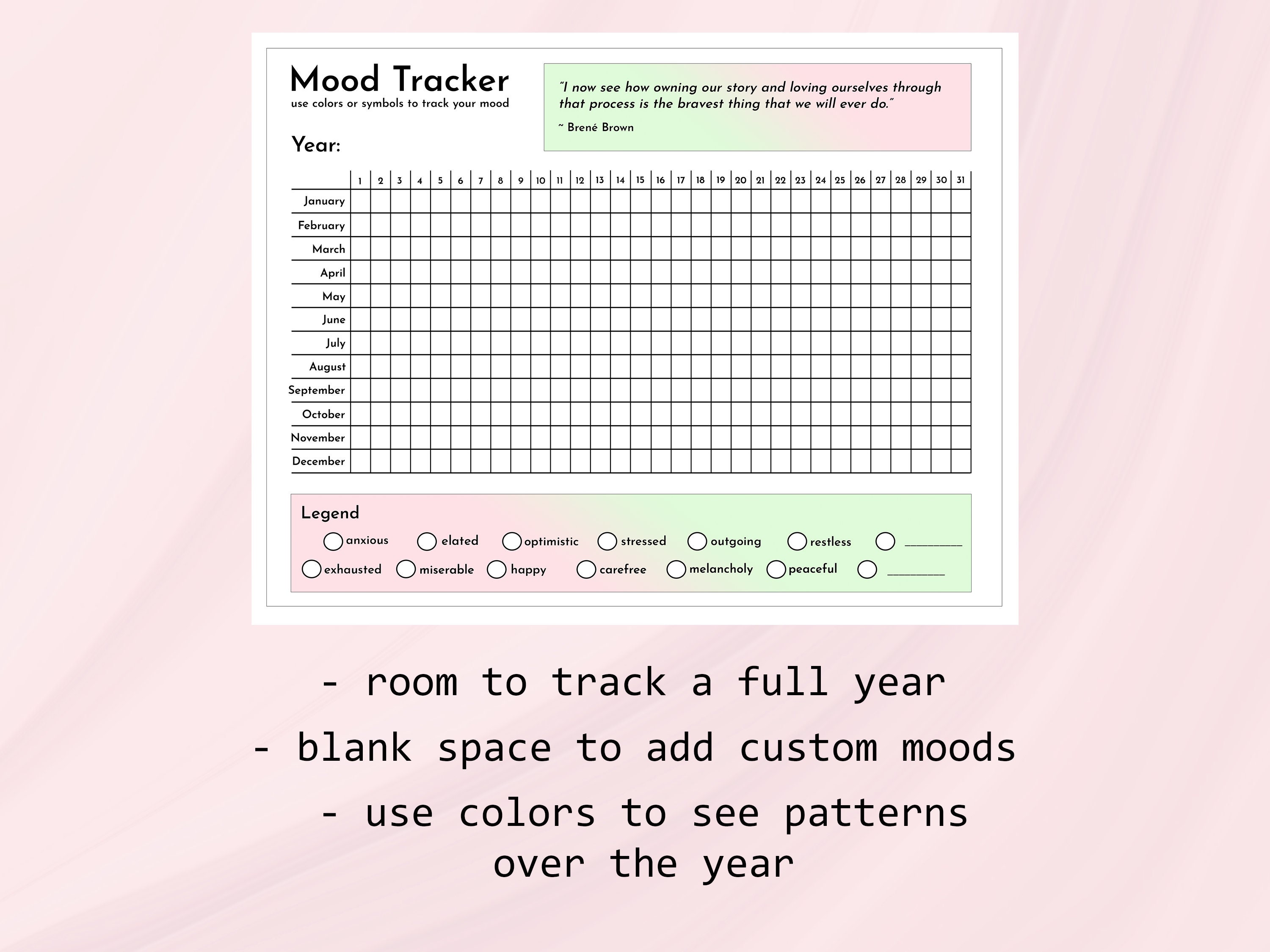 Mood Tracker Printable | Yearly Mood Tracking | 8.5x11 Letter Size ...