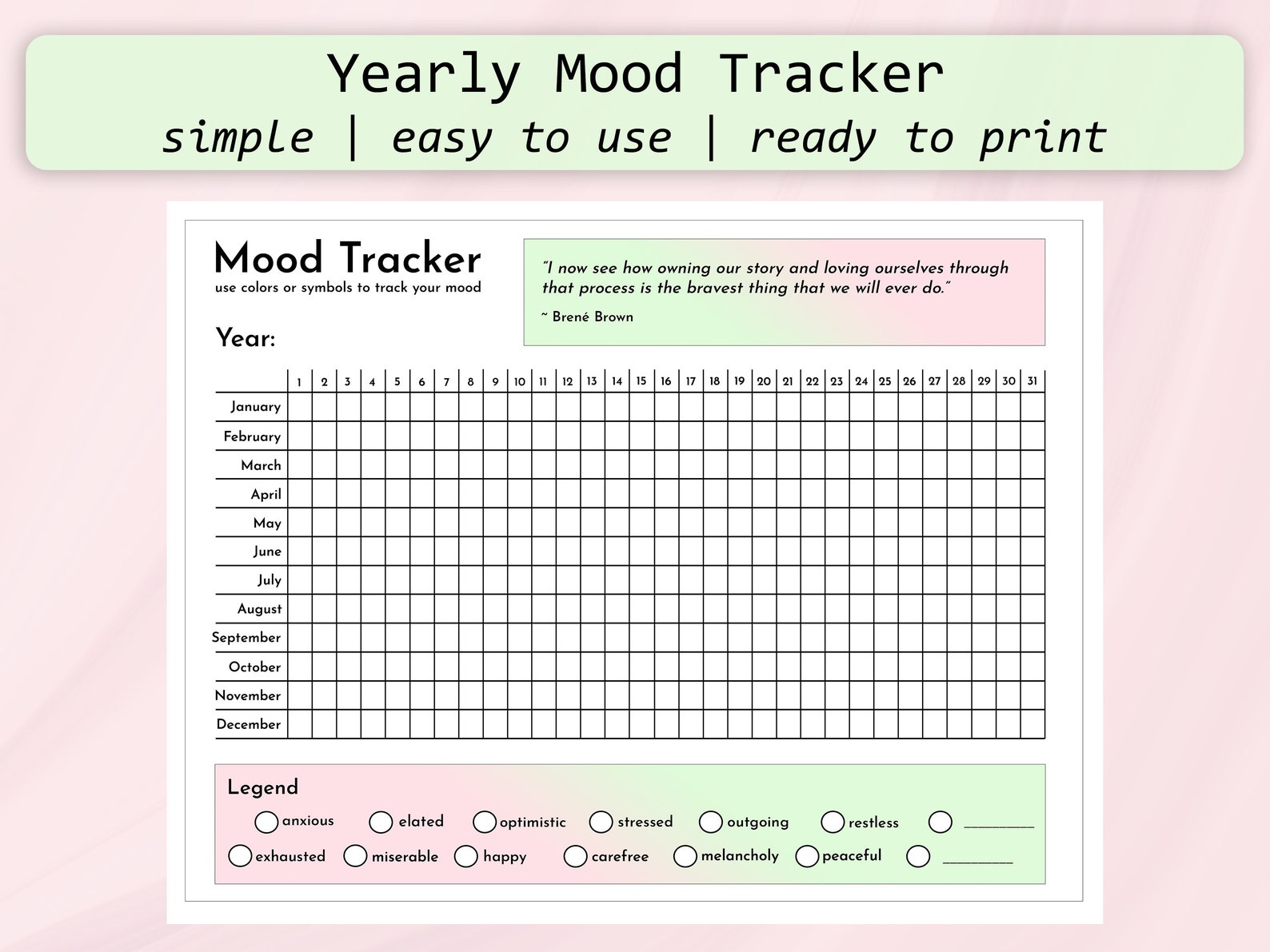 Mood Tracker Printable | Yearly Mood Tracking | 8.5x11 Letter Size ...