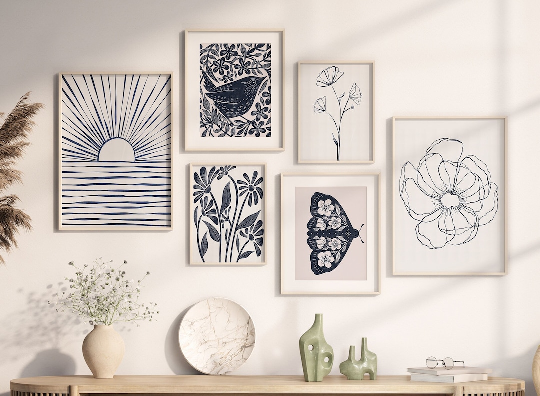 Navy Blue Gallery Wall Set of 5 , Digital Gallery Wall Art, Blue ...