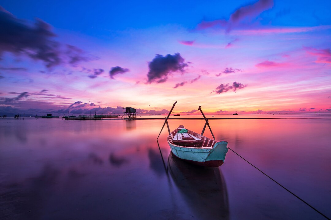 Pink and Purple Beach Ocean Sunset Print, Moored Boat, Beach Print ...