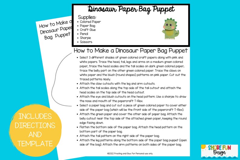 Dinosaur Paper Bag Puppet Craft Template With Directions - Etsy