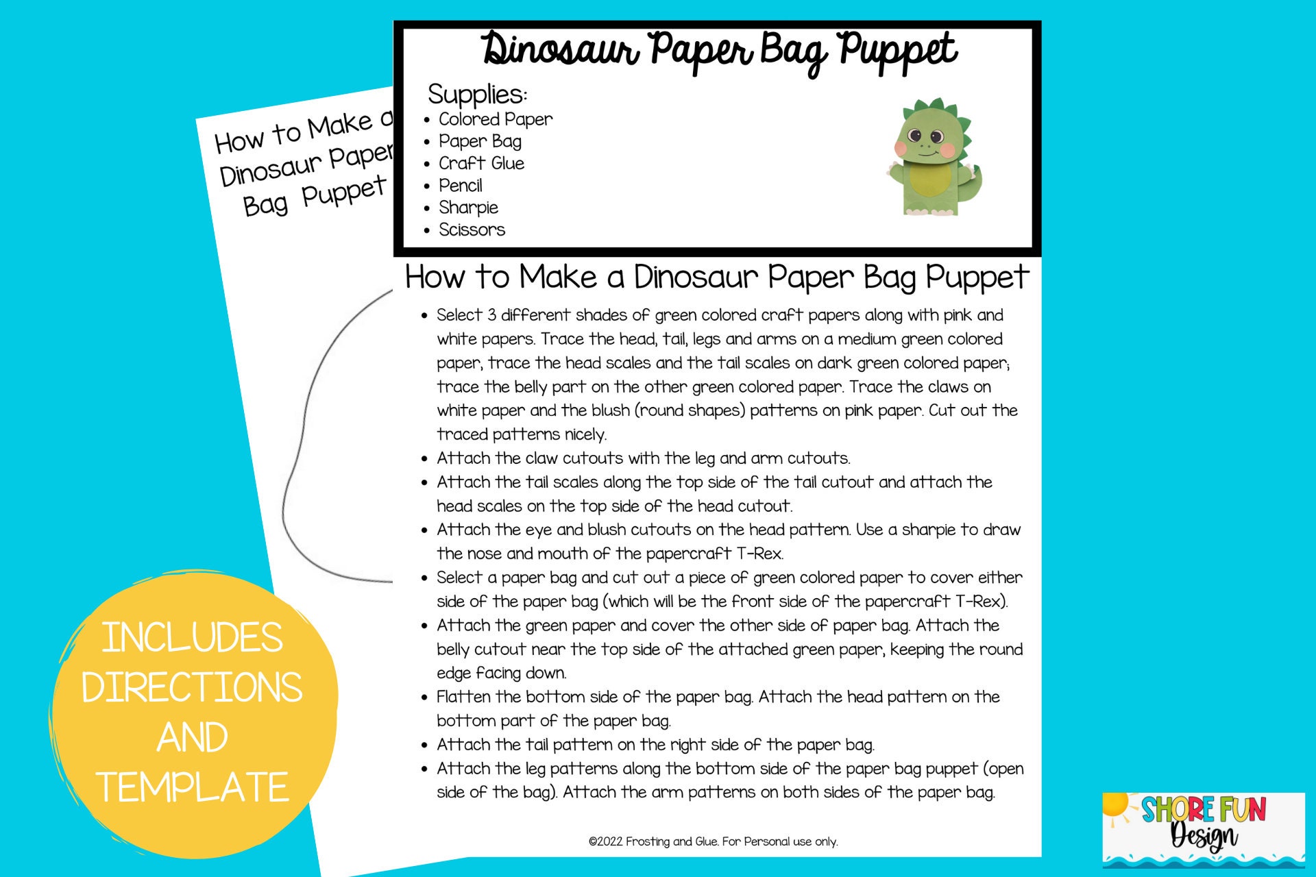 Dinosaur Paper Bag Puppet Craft Template With Directions - Etsy