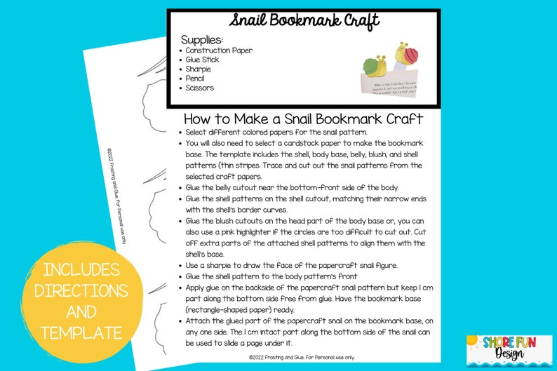 Snail Bookmark Craft Template With Directions - Etsy