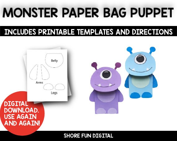 Monster Paper Bag Puppet Craft Template With Directions - Etsy
