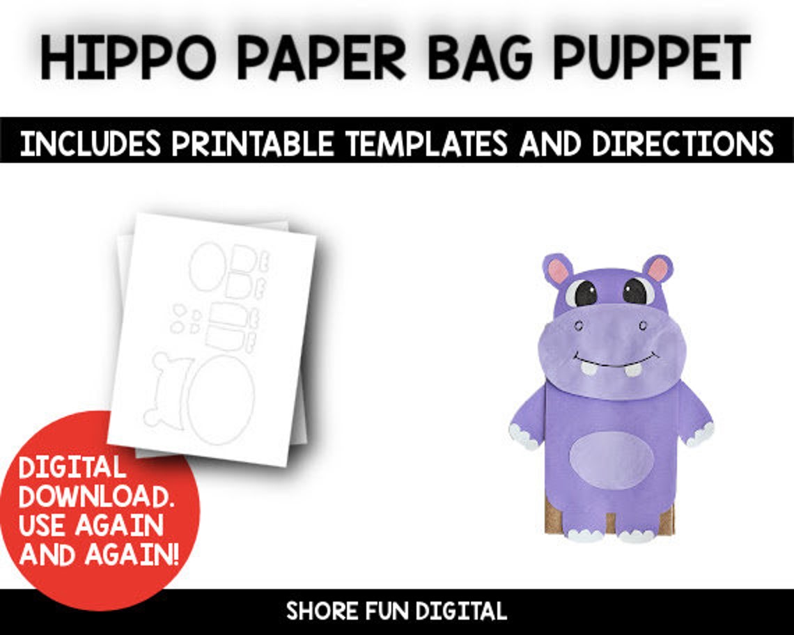 Hippo Paper Bag Puppet Craft Template With Directions - Etsy