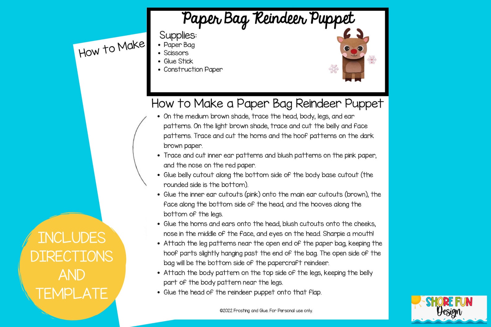 Reindeer Paper Bag Puppet Craft Template With Directions - Etsy