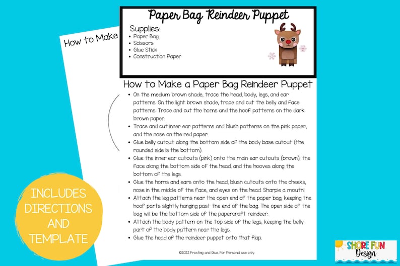 Reindeer Paper Bag Puppet Craft Template With Directions - Etsy
