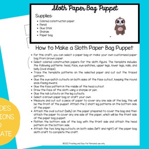 Sloth Paper Bag Puppet Craft Template With Directions - Etsy