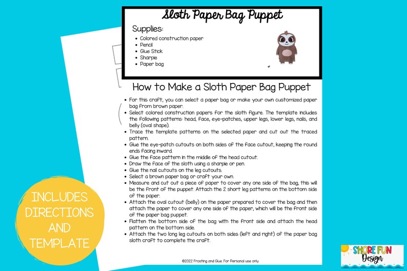 Sloth Paper Bag Puppet Craft Template With Directions - Etsy