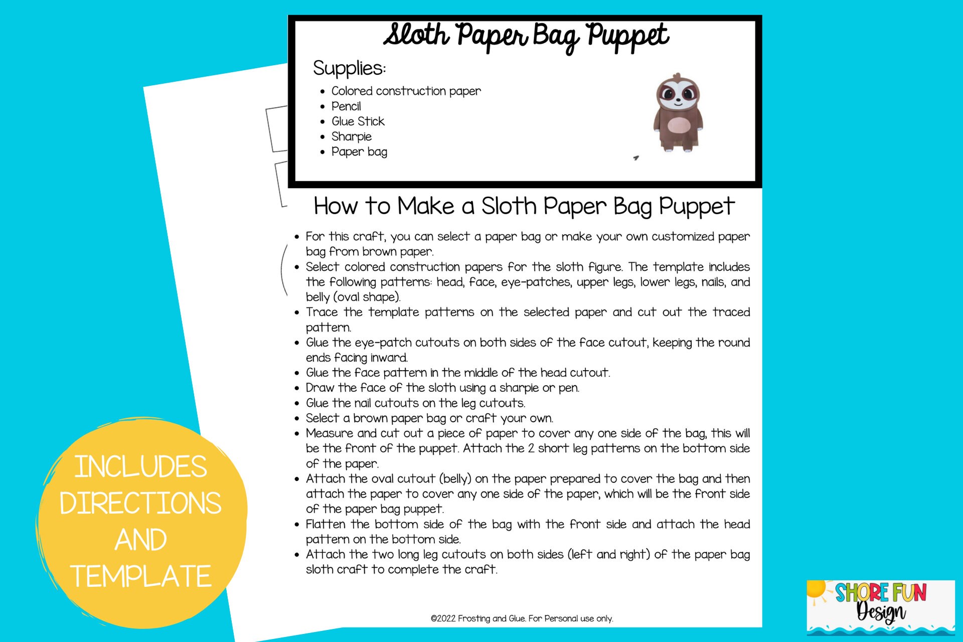 Sloth Paper Bag Puppet Craft Template With Directions - Etsy