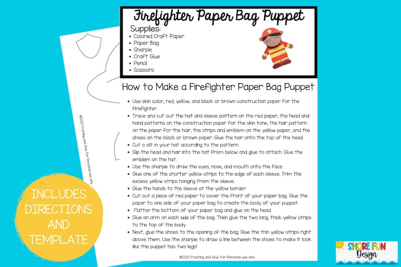 Firefighter Paper Bag Puppet Craft Template With Directions - Etsy