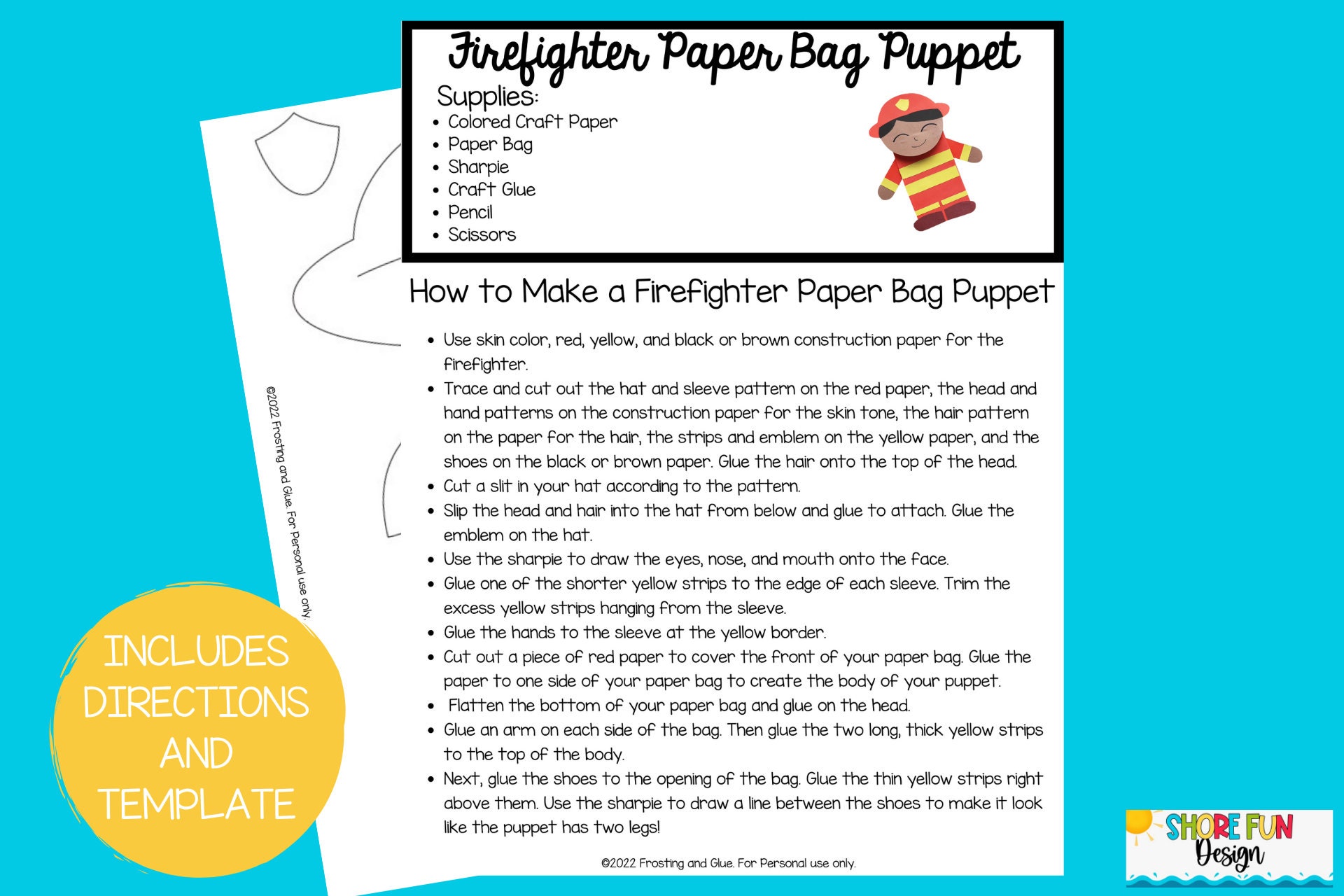 Firefighter Paper Bag Puppet Craft Template With Directions - Etsy