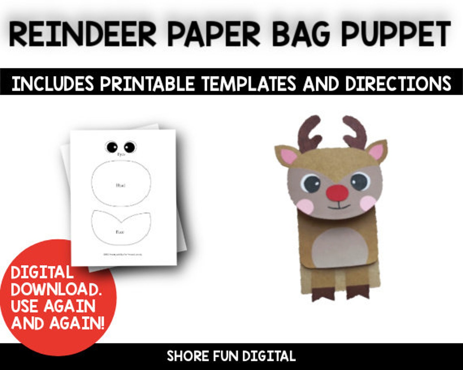 Reindeer Paper Bag Puppet Craft Template With Directions - Etsy