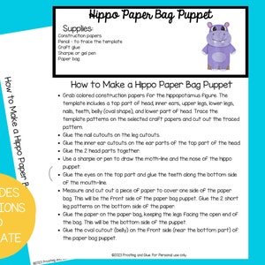 Hippo Paper Bag Puppet Craft Template With Directions - Etsy