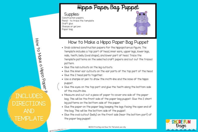 Hippo Paper Bag Puppet Craft Template With Directions - Etsy
