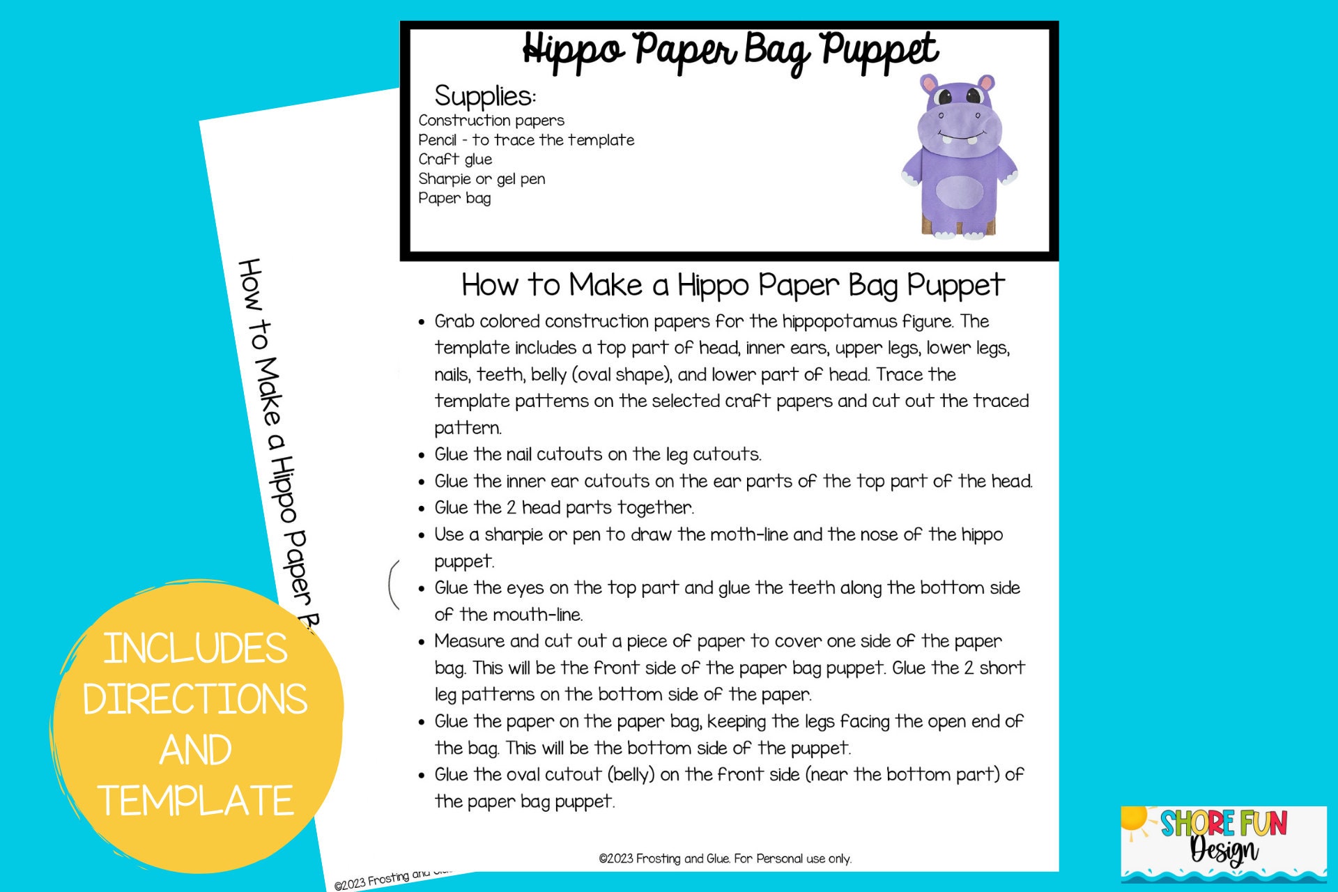 Hippo Paper Bag Puppet Craft Template With Directions - Etsy