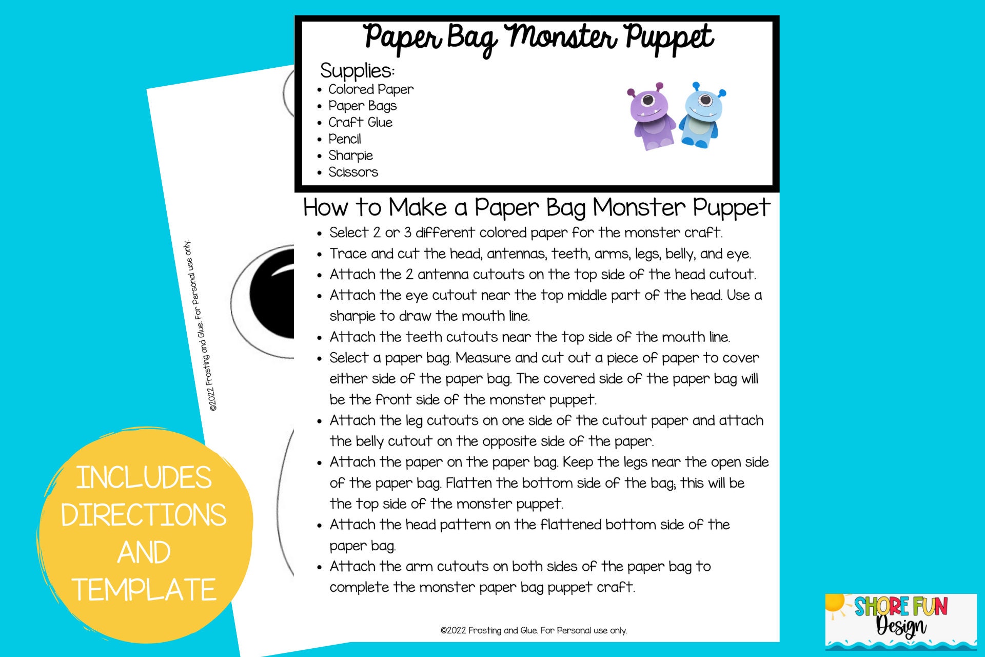 Monster Paper Bag Puppet Craft Template With Directions - Etsy